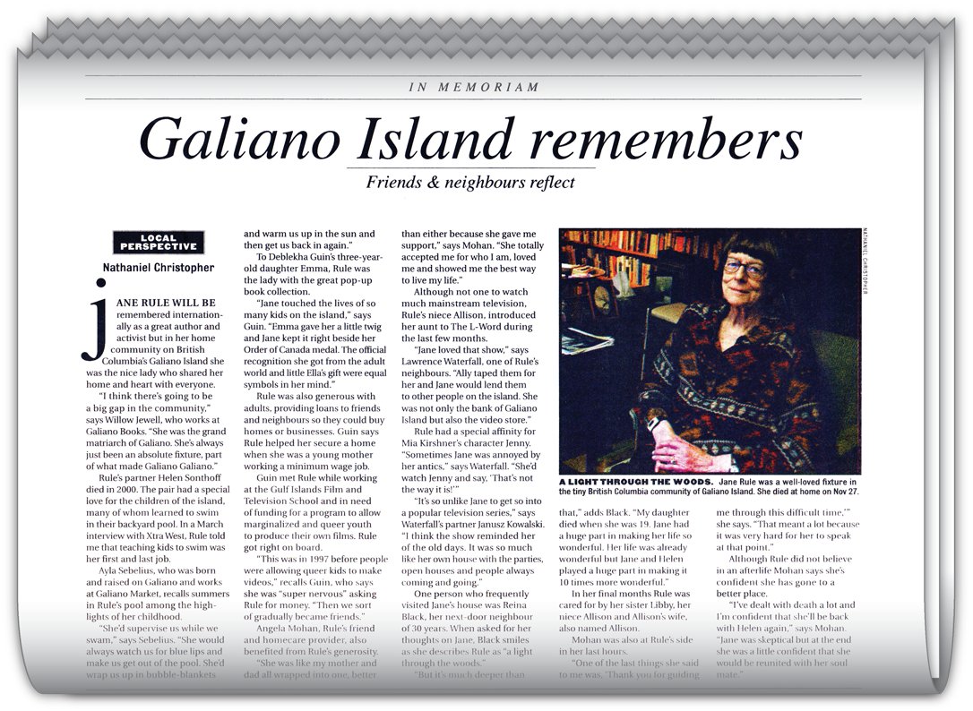 Galiano Island remembers Jane Rule – Nathaniel Christopher
